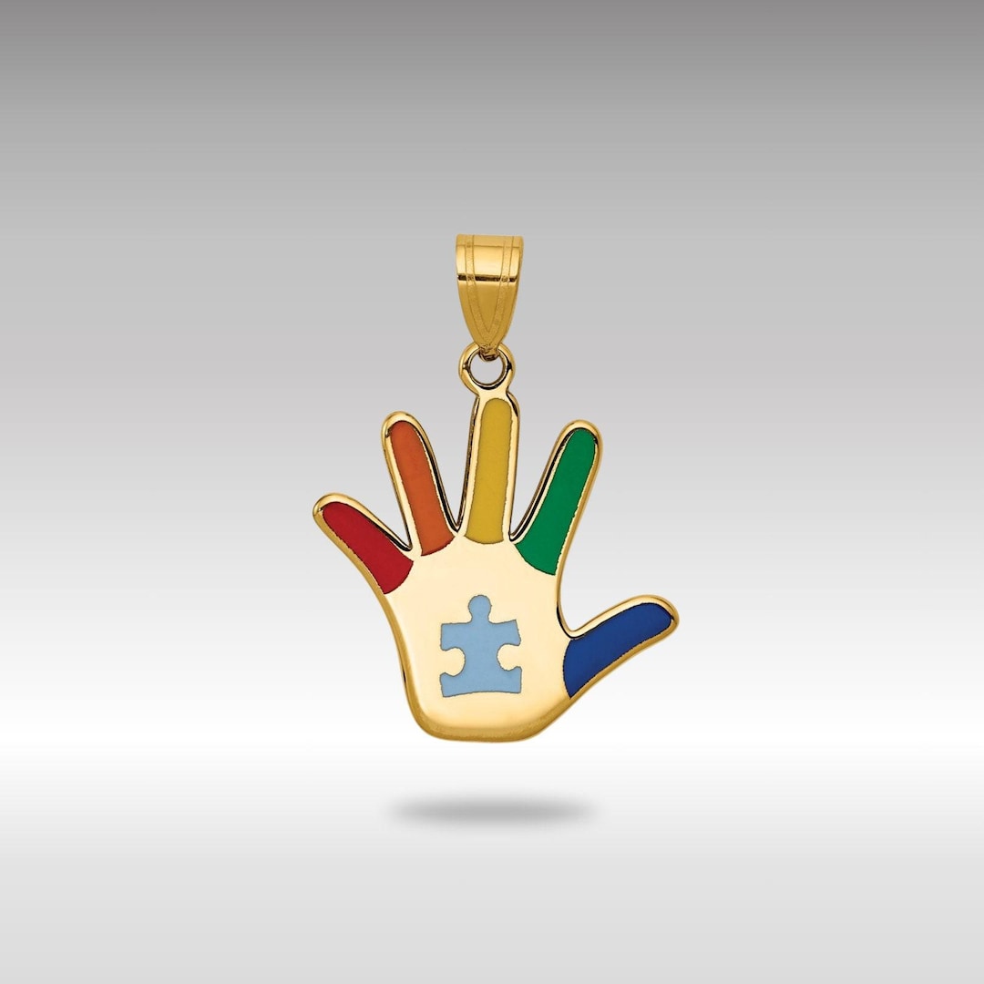 14K Gold Enameled Autism Awareness Handprint With Puzzle Piece Necklace ...