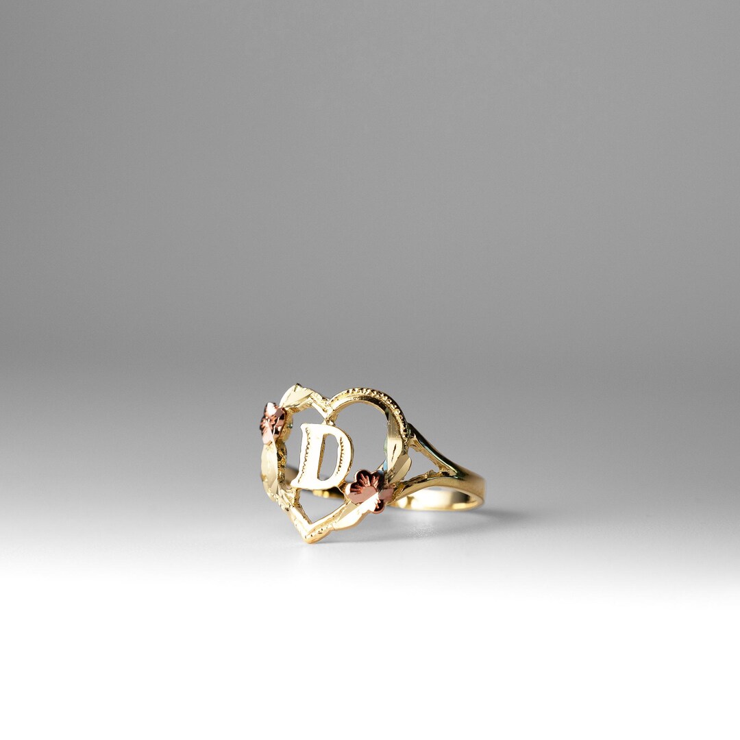 14K Solid Gold Heart Rose "d" Initial Ring- Real 14k Gold Heart and Rose Initial "d" Ring - Etsy