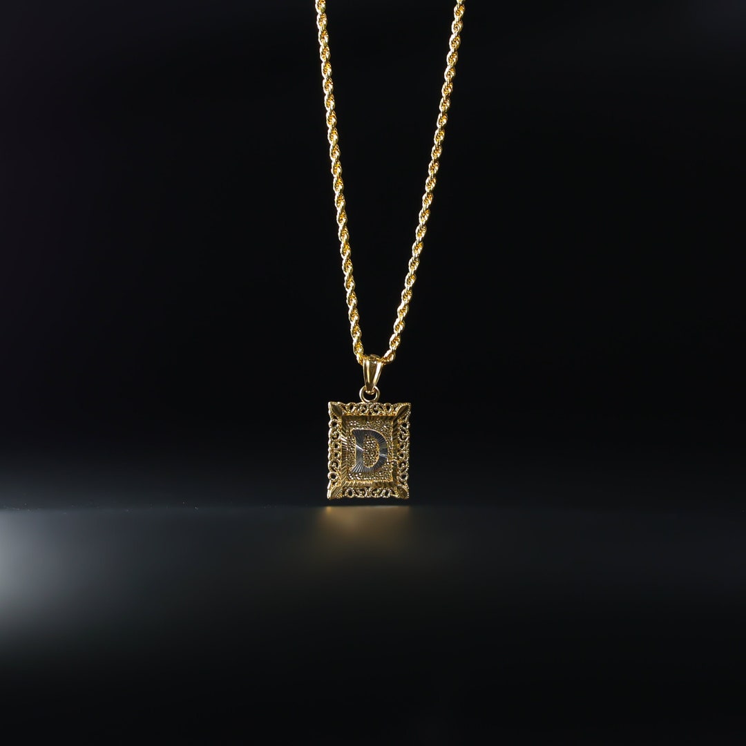 14k Gold d Initial Square Pendant/charm Gold D Initial Chain Necklace ...