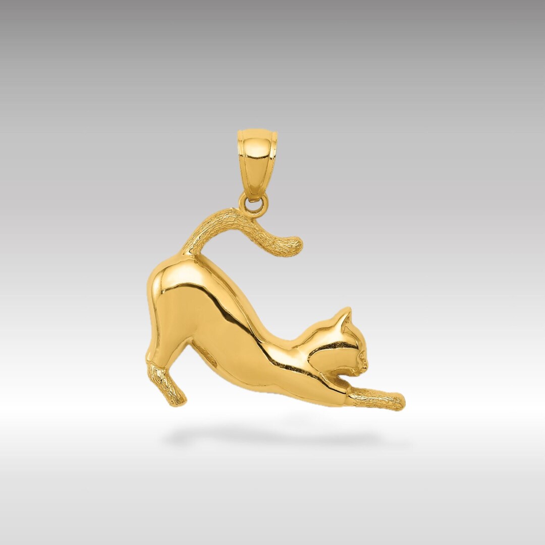 14k Gold Stretching Cat Pendant Charm Elegant Feline Silhouette ...