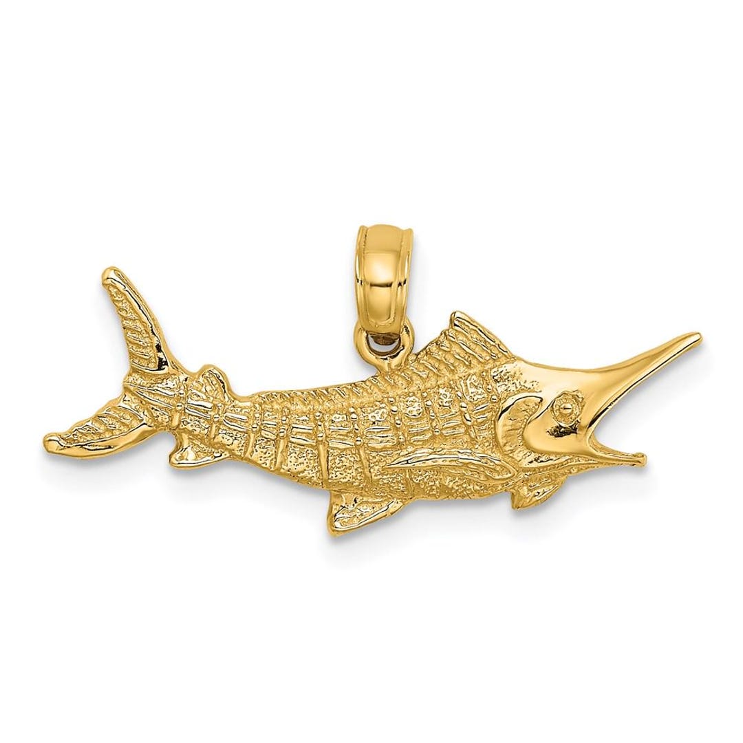 14K Gold Marlin Pendant - Textured 2D Swordfish Charm - Solid Gold ...