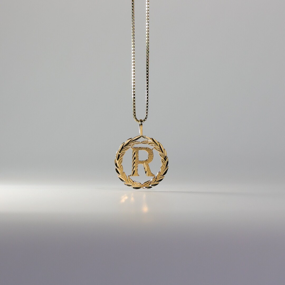 14k Gold r Initial Wreath Pendant Charm Gold R Initial Necklace Charm ...
