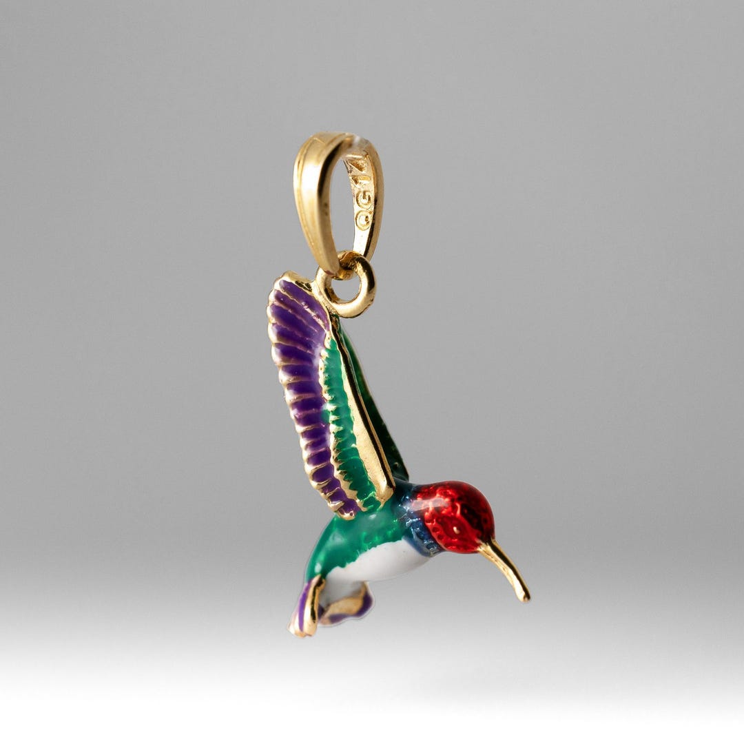 14K Solid Gold Enameled 3D Hummingbird Pendant – Artisan-crafted Bird ...