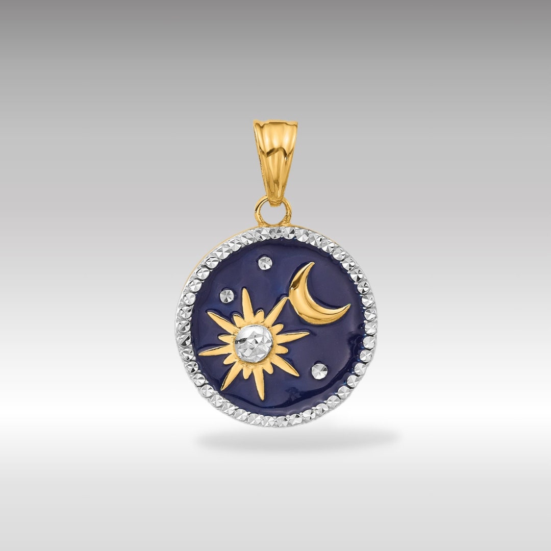 14K Gold Diamond-cut Enameled Sun and Moon Pendant Necklace Celestial Charm With Vivid Enamel ...