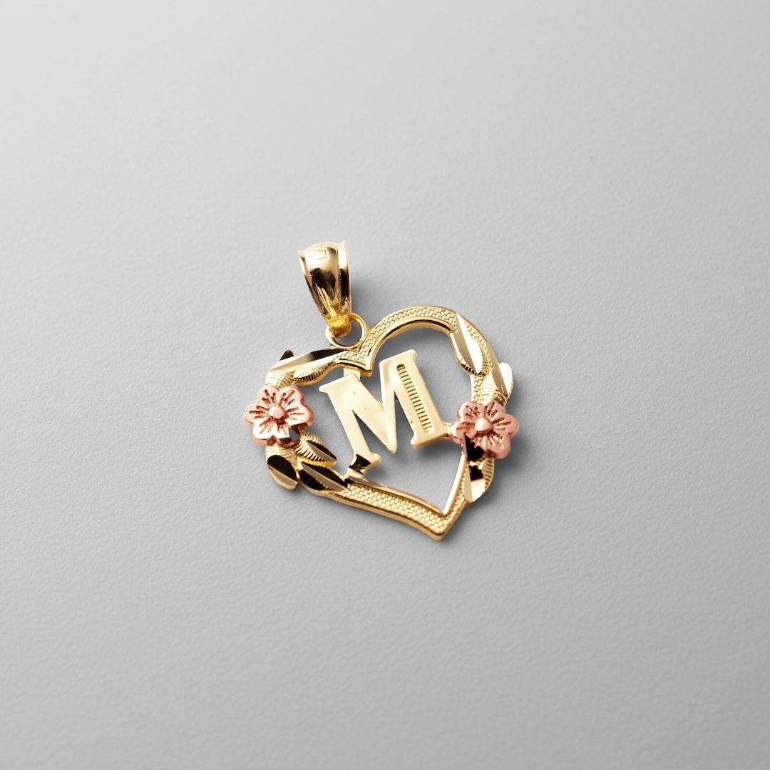 14k Gold "m" Initial Heart and Rose Pendant Charm- Gold Heart Initial M ...
