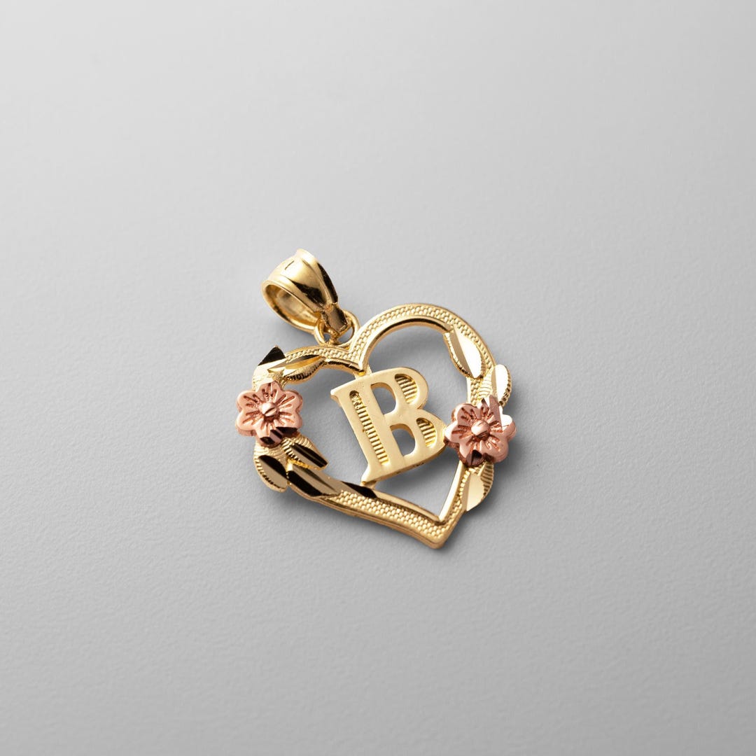 14k Gold "b" Initial Heart and Rose Pendant Charm- Gold Heart Initial B ...