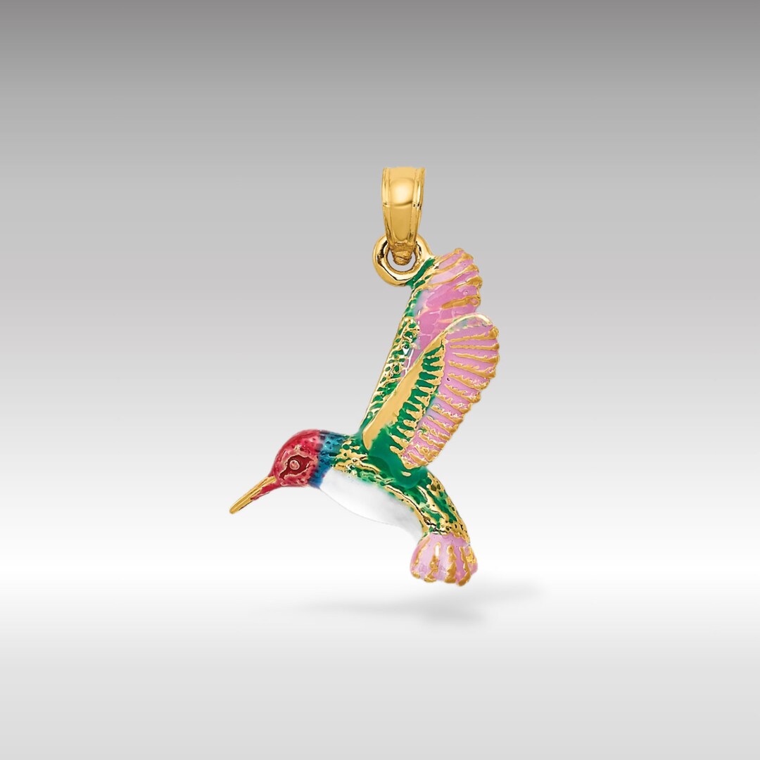 14K Solid Gold Enameled 3D Hummingbird Pendant Artisan-crafted Bird ...