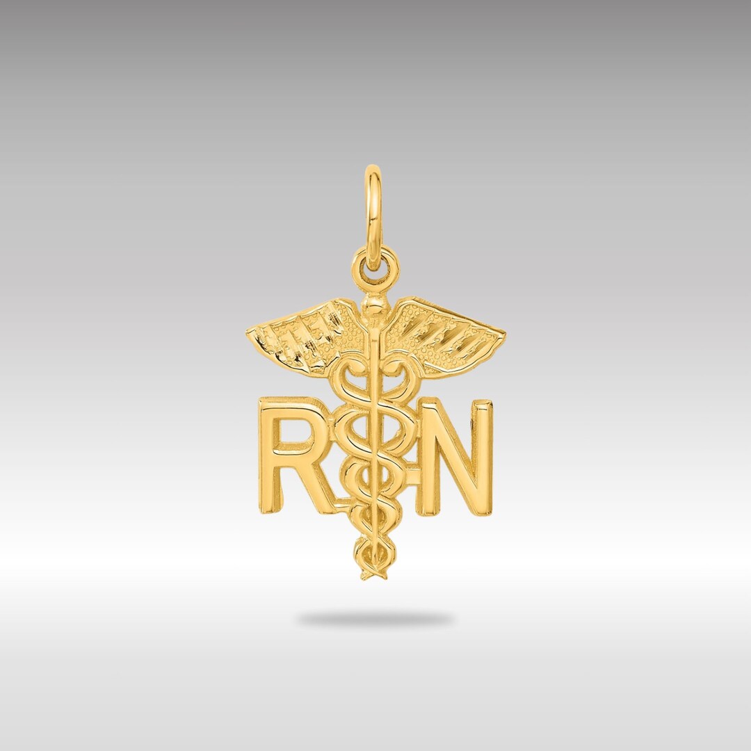 14K Gold RN Nurse Charm Necklace Detailed Caduceus Symbol Pendant ...