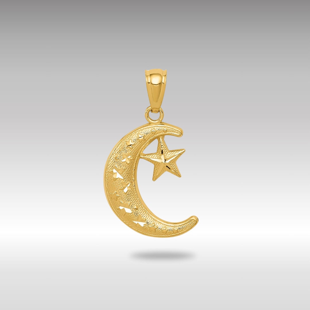 14K Gold Moon and Stars Pendant Necklace Polished and Textured ...