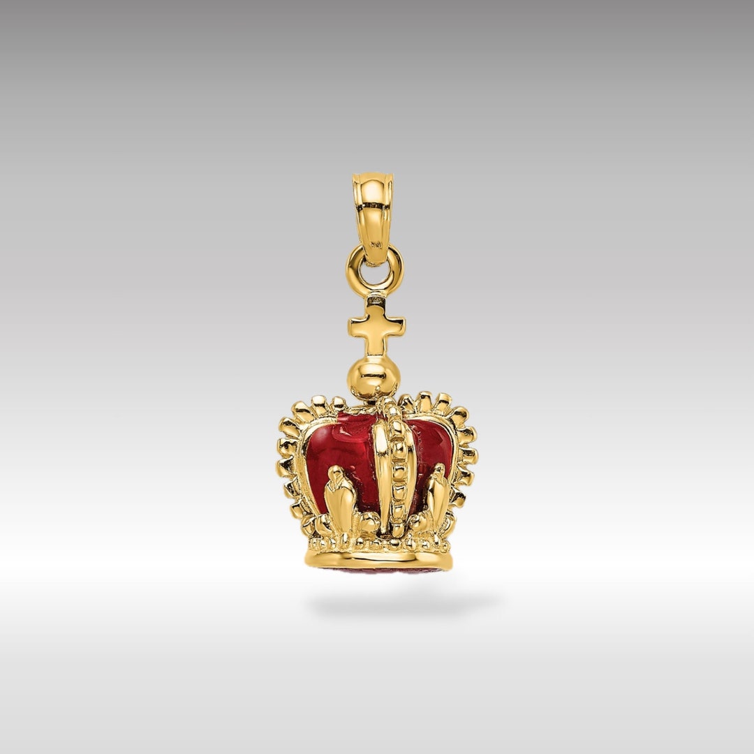 14K Gold 3D Crown Pendant With Red Enamel and Cross Real Gold Royal ...