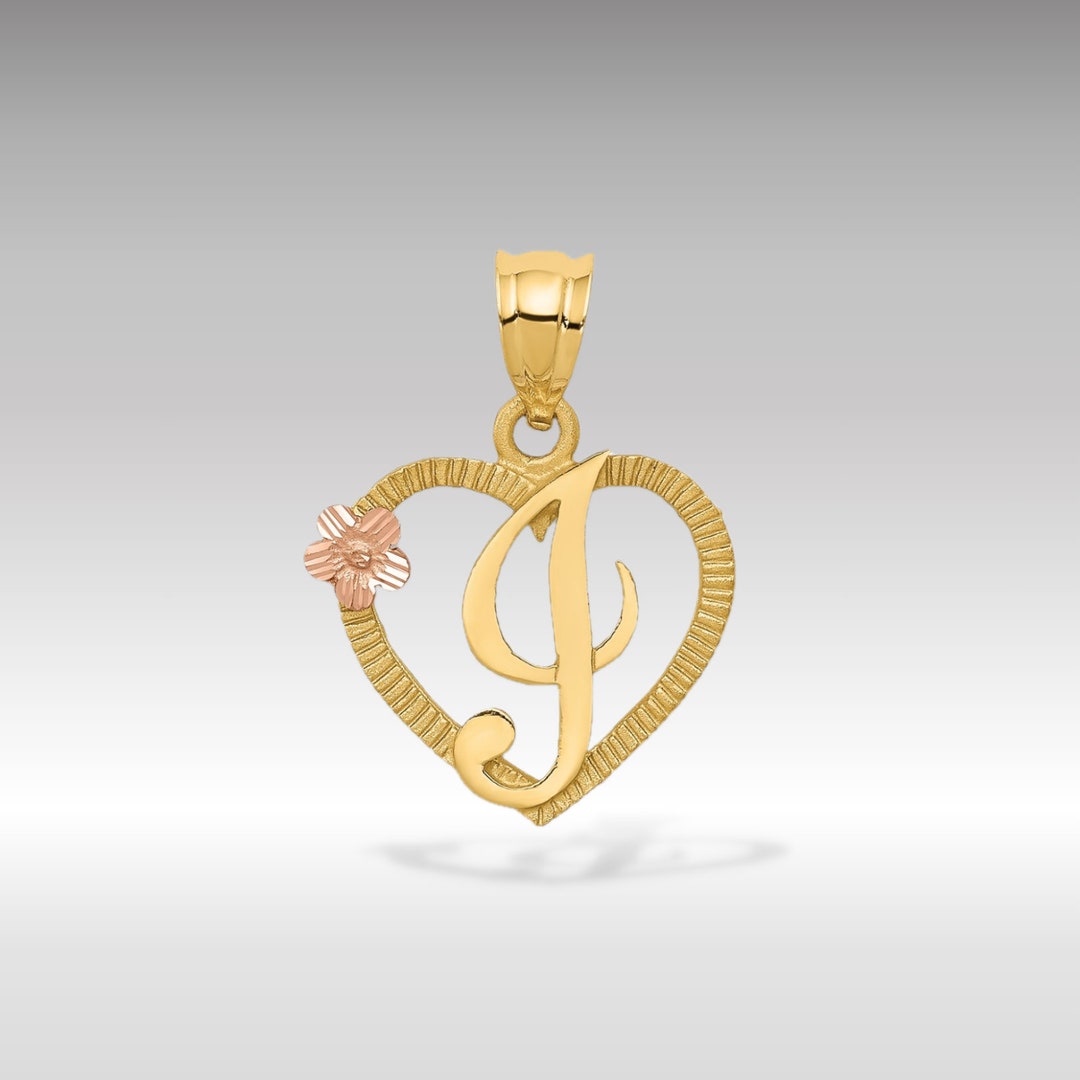 14K Gold Script Letter 'I' Heart Charm With Floral Accent Luxurious ...