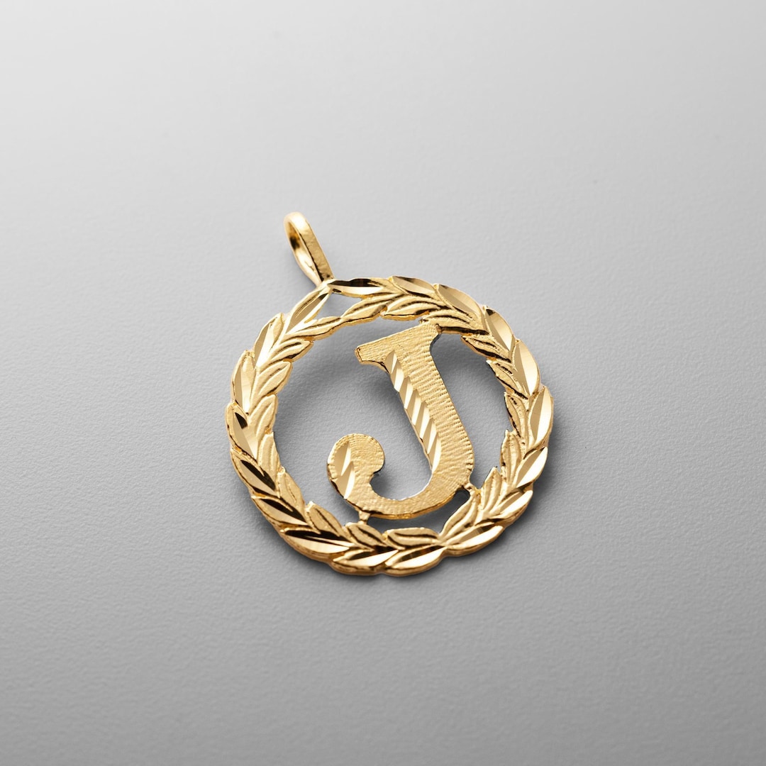 14k Gold "j" Initial Wreath Pendant Charm- Gold J Initial Necklace ...