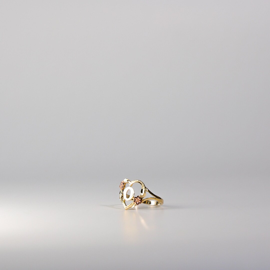 14K Solid Gold Heart Rose "o" Initial Ring- Real 14k Gold Heart and ...