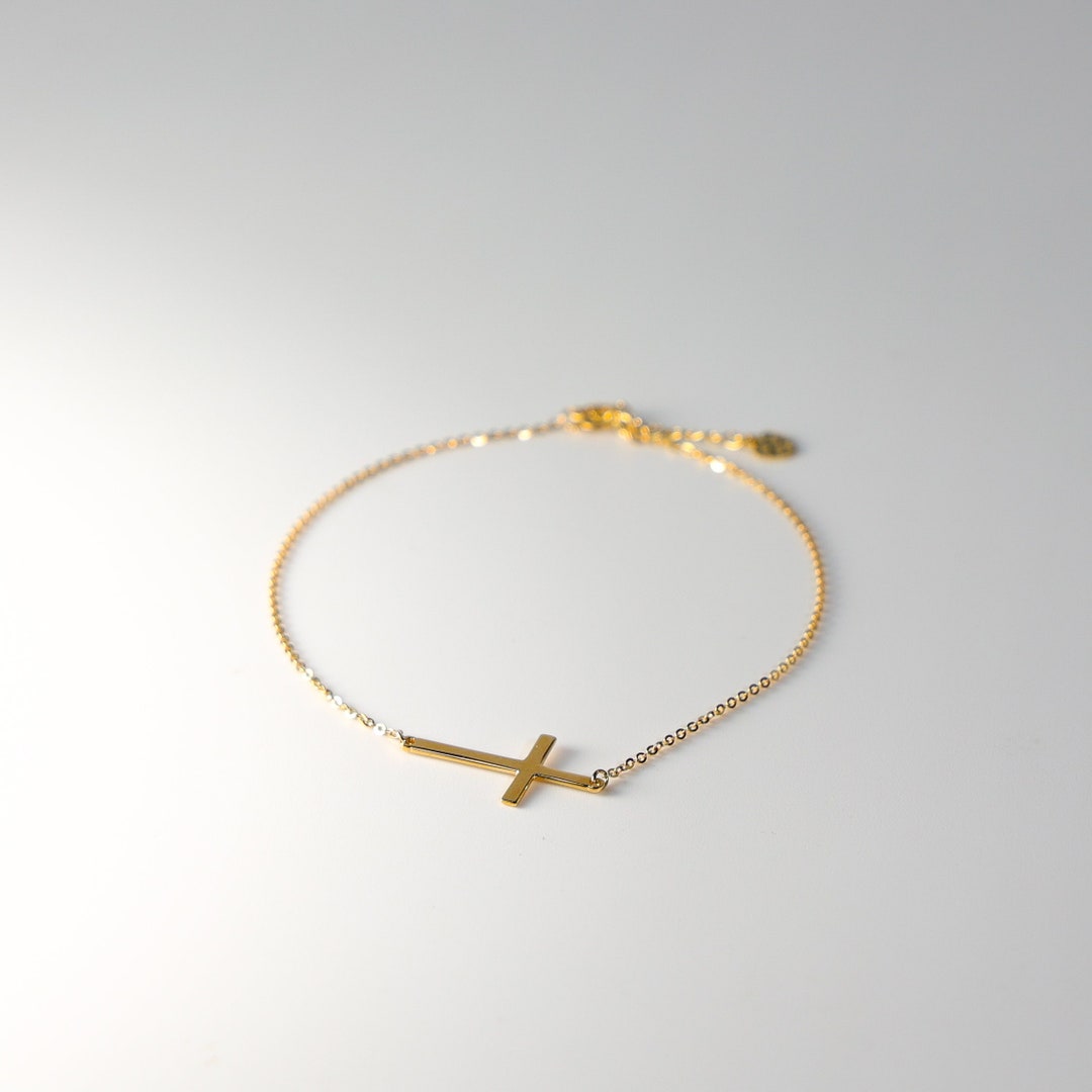 14K Gold Cross Bracelet Gold Bracelet With Side Way Cross Gold Small Cross Bracelet - Etsy