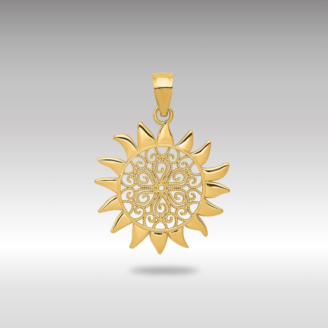 14K Gold Filigree Sun Pendant Necklace Polished Radiant Sunshine Charm ...