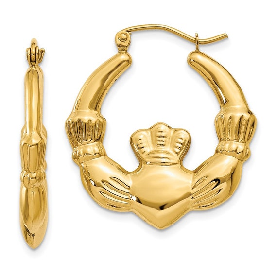 14K Gold Irish Claddagh Hoop Earrings Polished Symbol of Love Loyalty Friendship Celtic Traditional Fine Jewelry Etsy