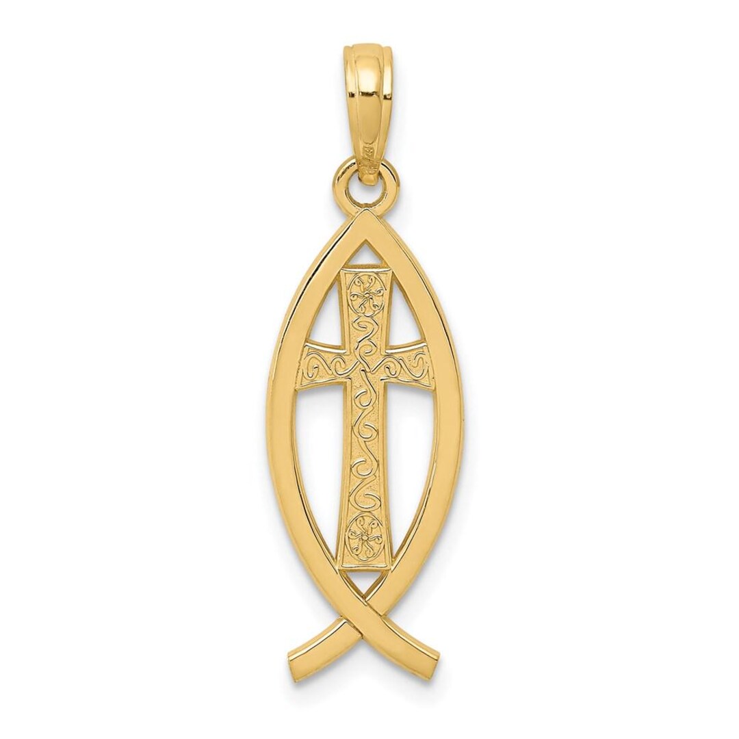 14k Gold Ichthus Fish Cross Pendant – Real Gold Christian Faith Charm ...