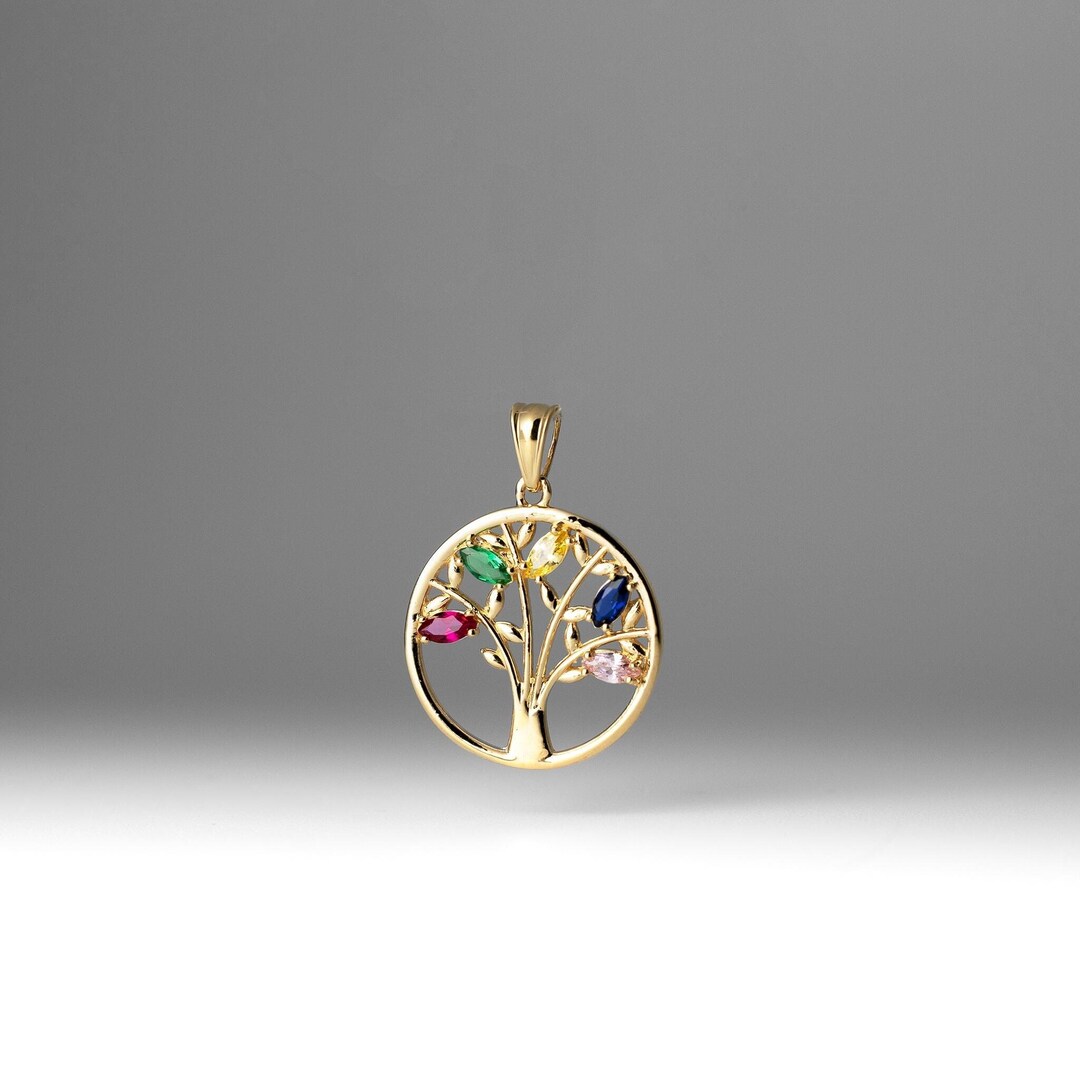 14K Gold Family Tree Pendant Necklace Colorful CZ Gemstone Tree of Life ...