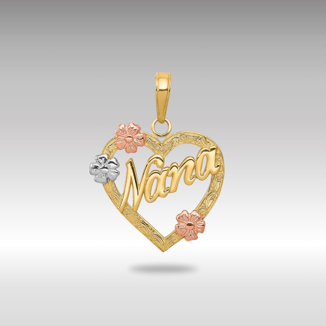 14K Gold 'NANA' in Heart With Flowers Necklace Pendant Charming Family ...