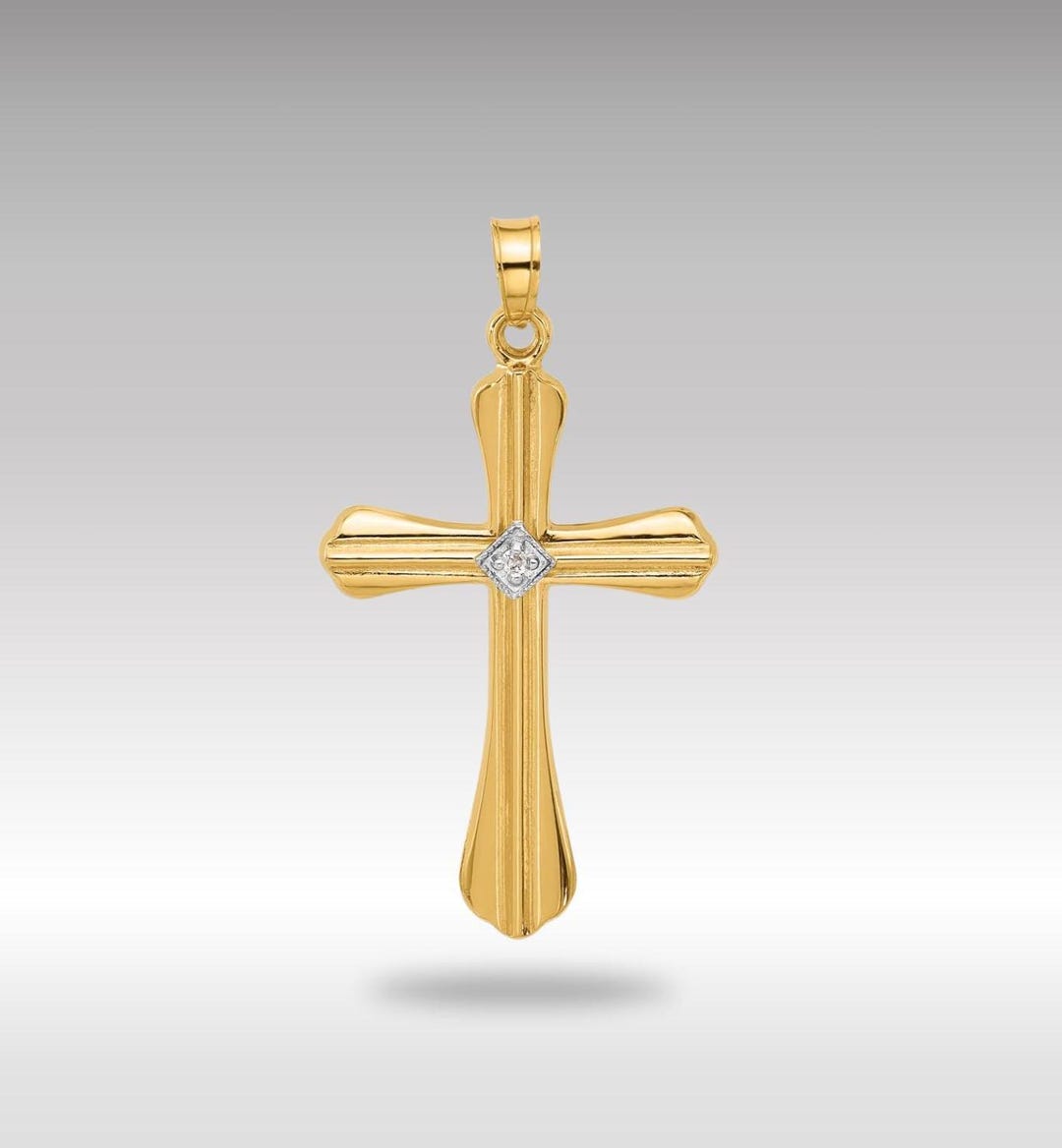 14K Gold Large Polished & Grooved Hollow Diamond Cross Pendant Necklace ...