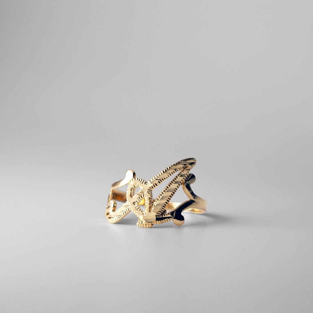 14K Solid Gold "a" Initial Cursive Ring- Real 14k Gold Cursive Initial ...