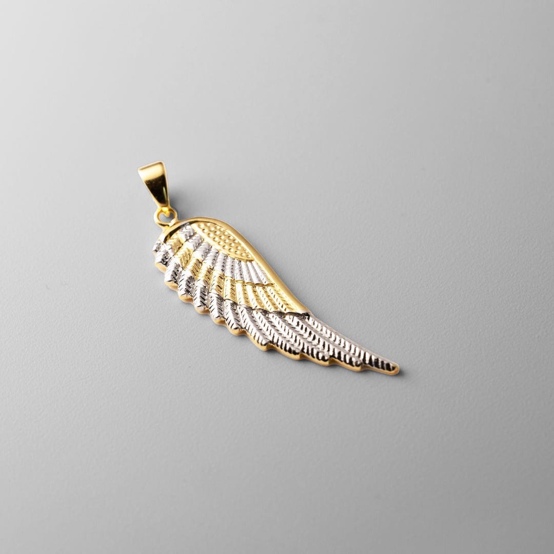 14k Gold Angel Wing Pendant Charm- Yellow Gold and White Gold Angel ...