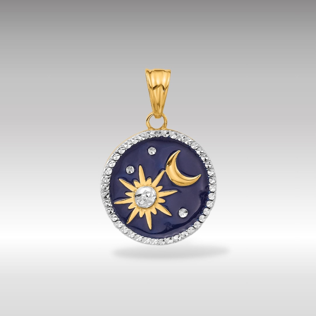 14K Gold and White Rhodium Diamond-cut Enameled Sun and Moon Pendant ...