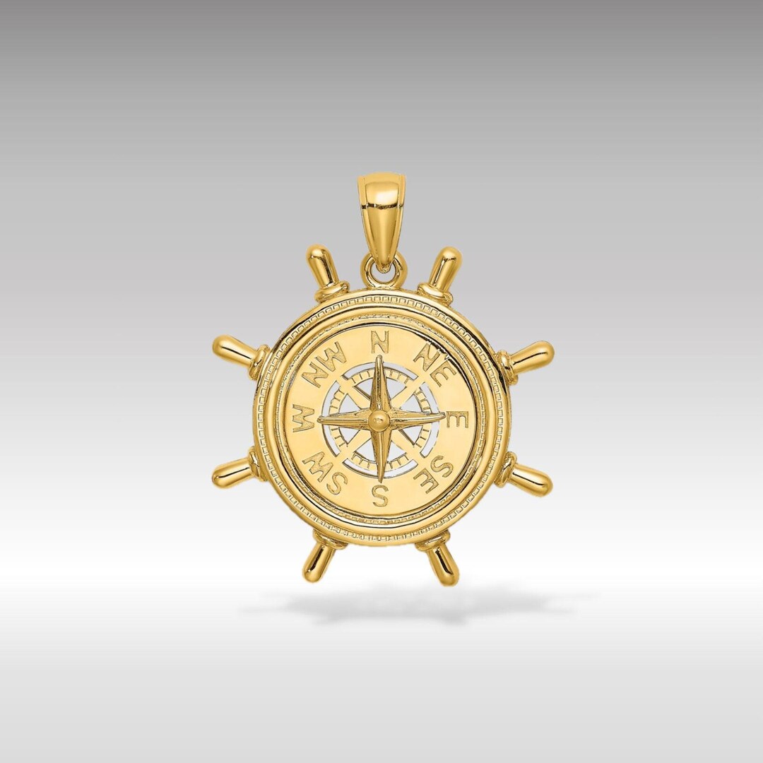 14K Gold Ship's Wheel With Nautical Compass Pendant Charm - Real ...