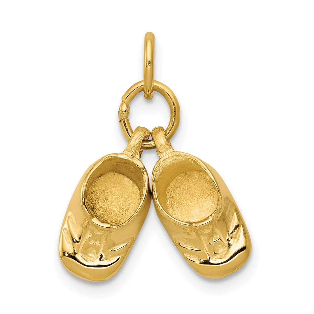 14K Gold 3D Moveable Polished Baby Shoes Charm - Real Gold Baby Feet ...