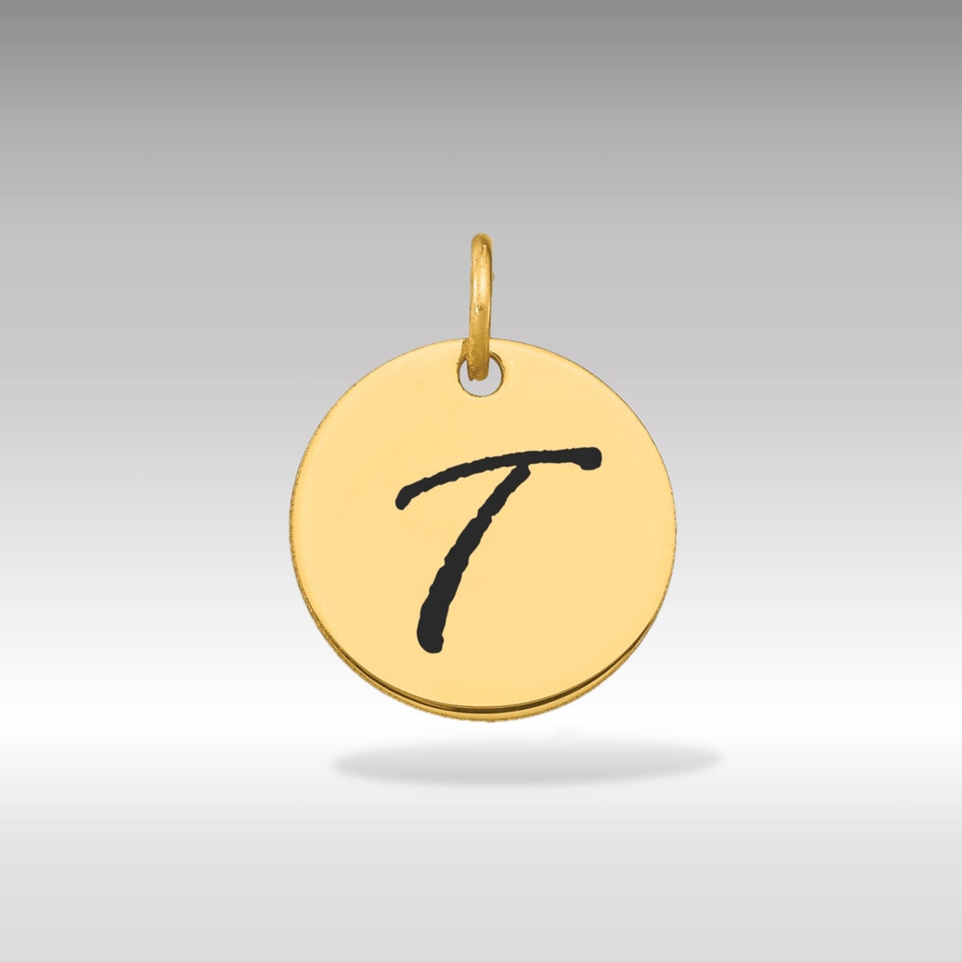 14K Gold Script Letter 'T' Circular Charm With Black Enamel Fine ...