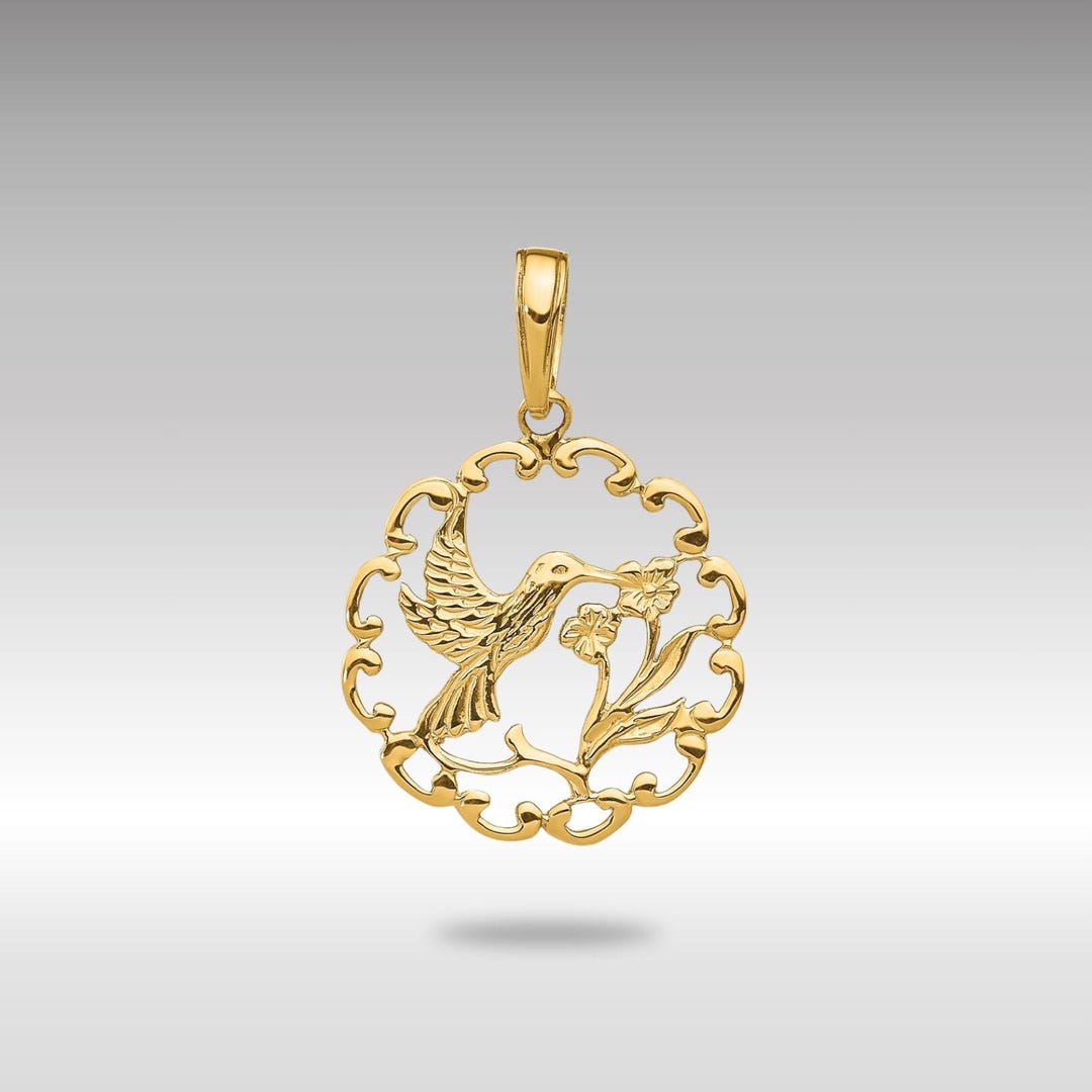14K Gold Hummingbird Pendant Necklace: Ornate Floral Frame - Etsy