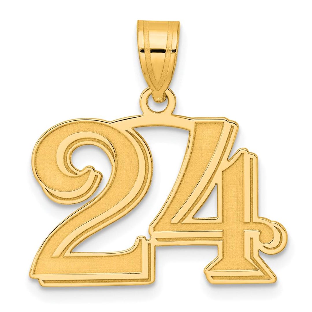 14K Gold Number 24 Pendant - Polished Etched Lucky Number Charm - Real ...