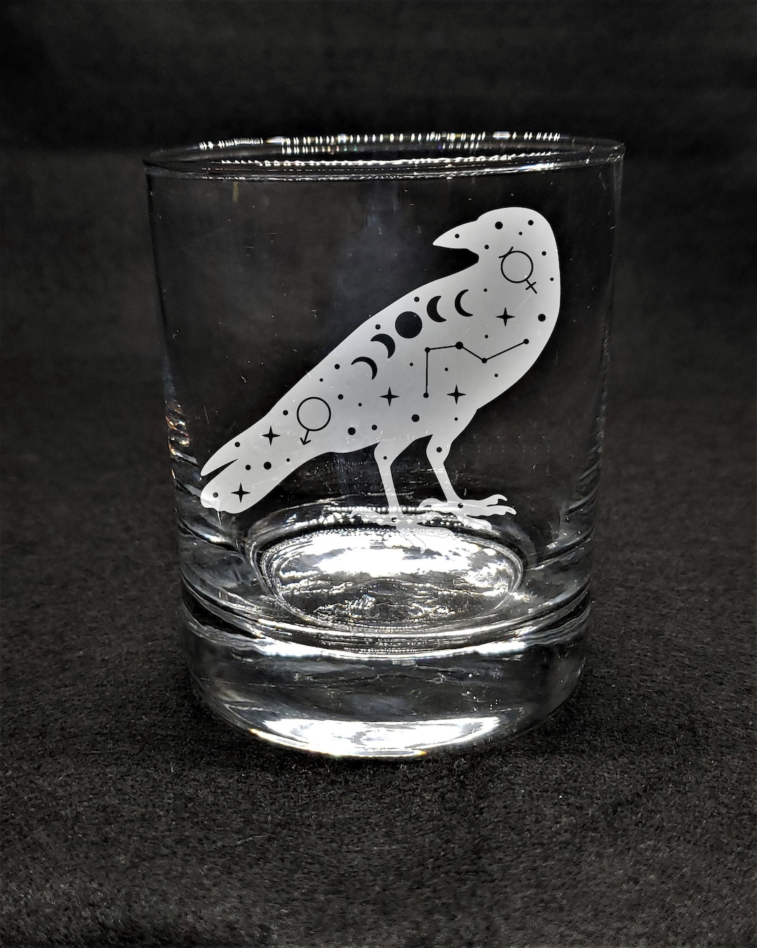 Celestial Raven Crow Etched Whiskey Glass, Stemless Wine Glass, Pint ...