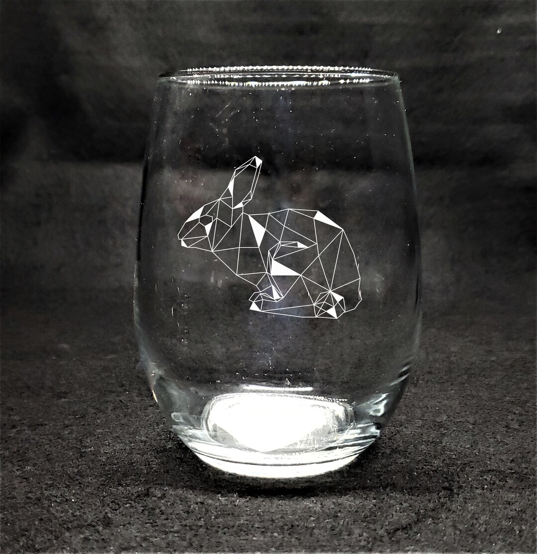 Geometric Bunny Rabbit Etched Whiskey Glass, Stemless Wine Glass, Pint ...