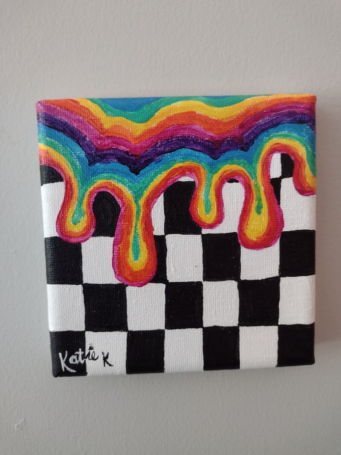 Drippy Checkers Mini Canvas Painting - Etsy