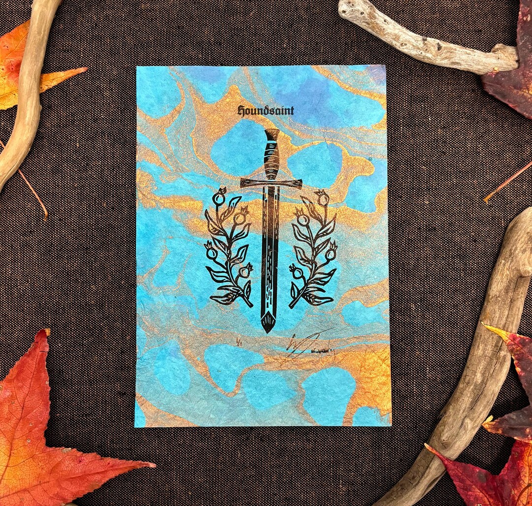 OOAK Linocut Print: Sword & Branches on Opal Marble - Etsy