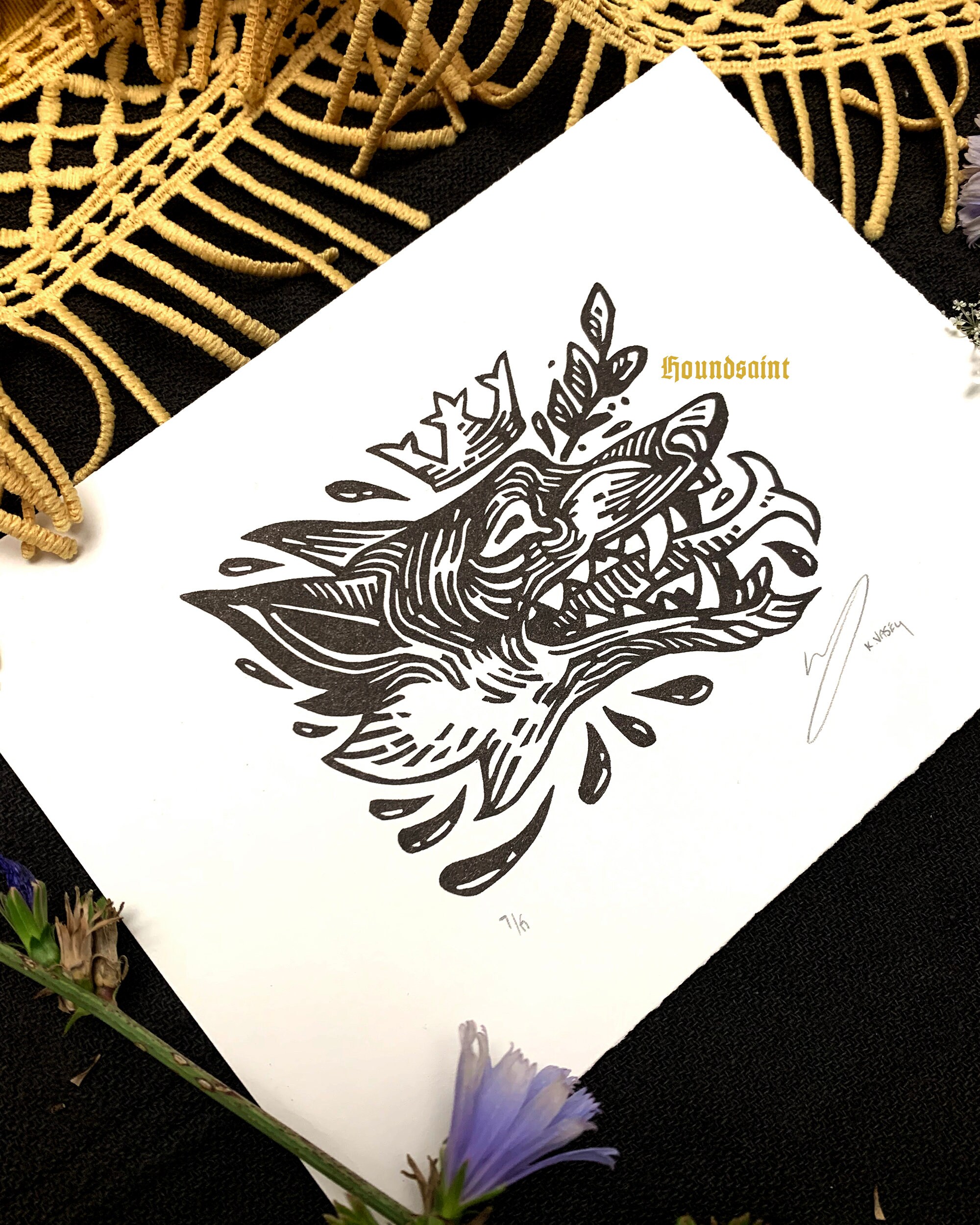 Linocut Print: Crowned Wolf - Etsy