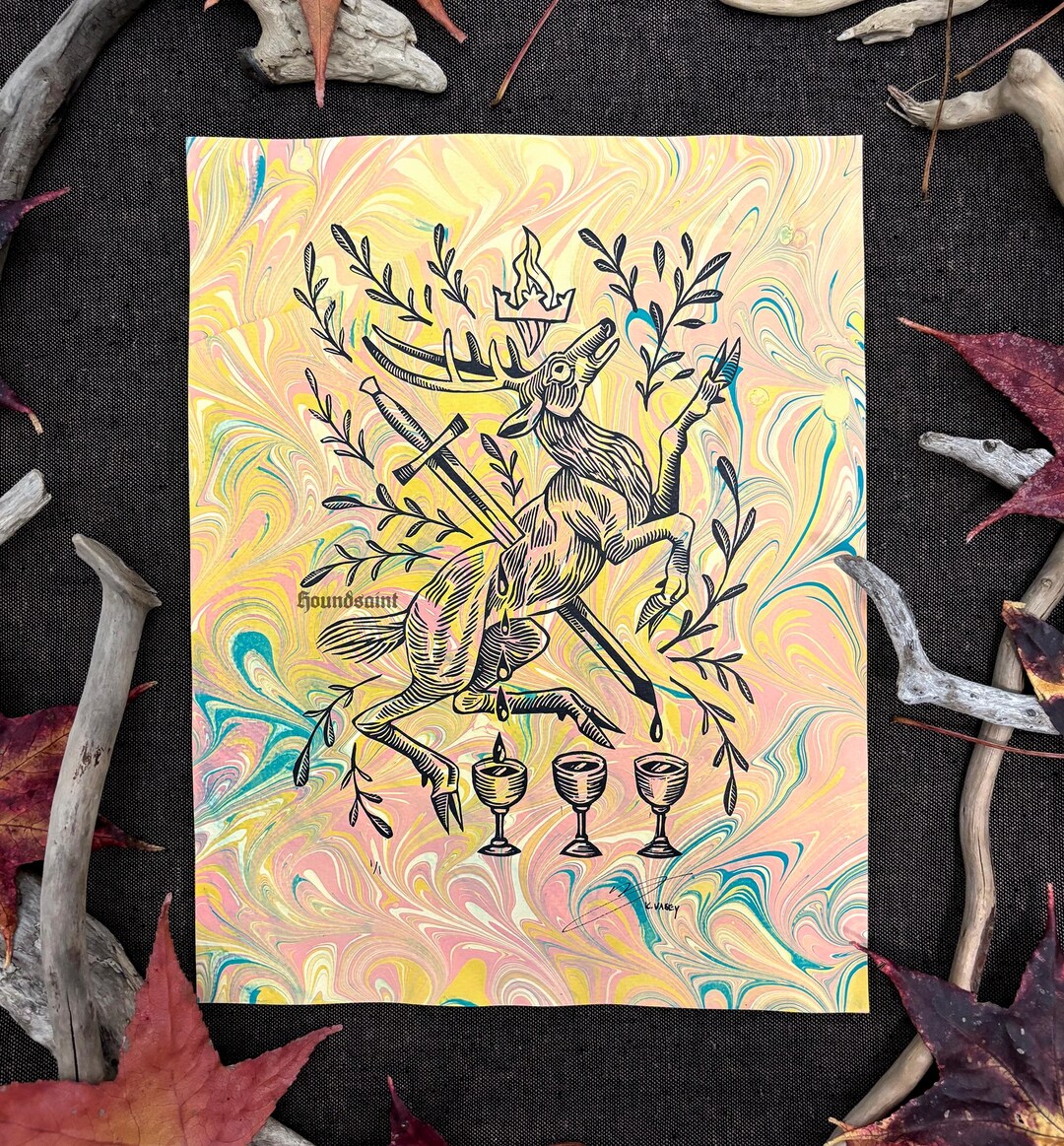 OOAK Linocut Print: Stag on Easter Hand-marble - Etsy