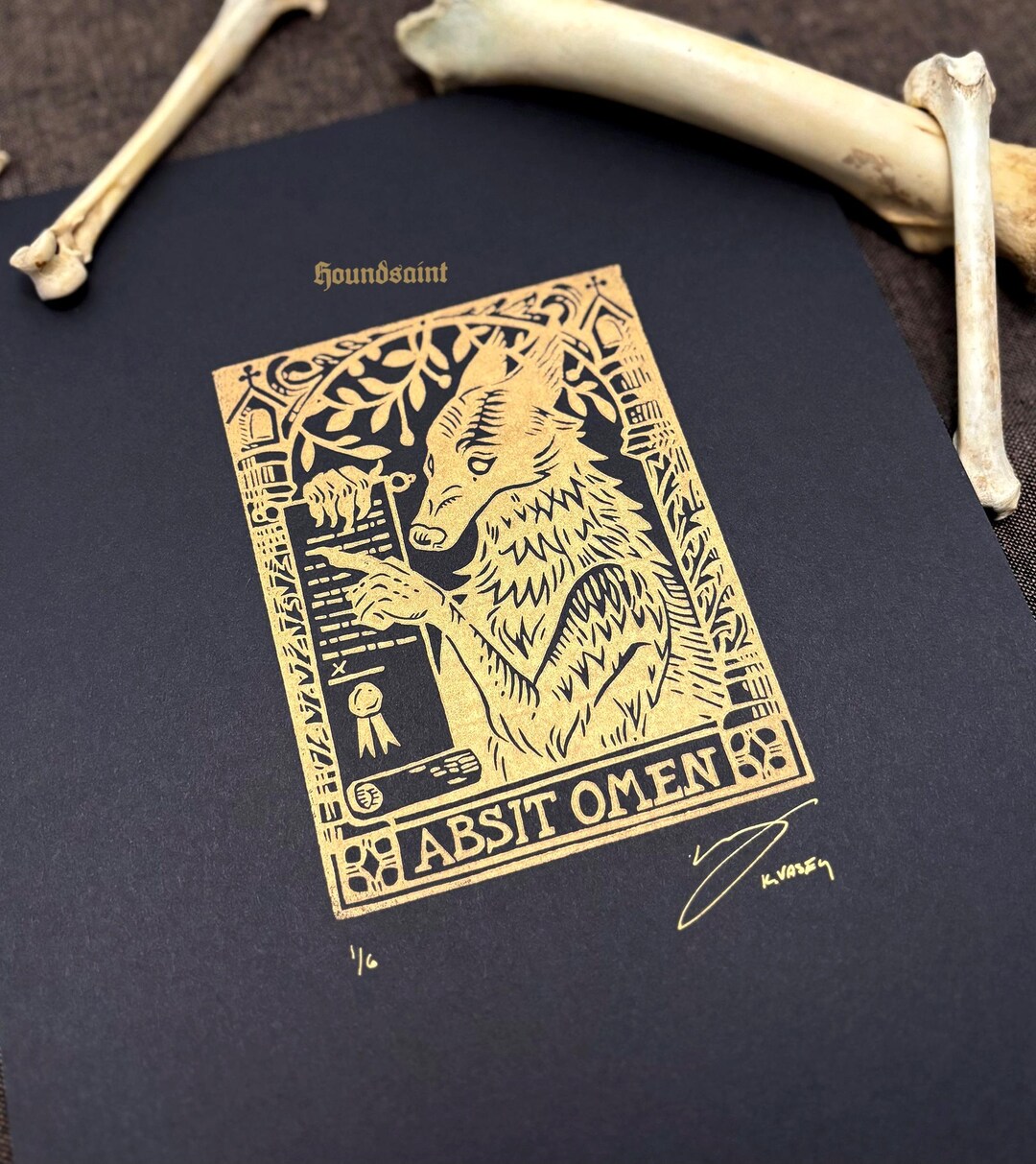 Gold Linocut Print: Absit Omen Werewolf - Etsy