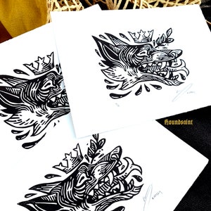Linocut Print: Crowned Wolf - Etsy