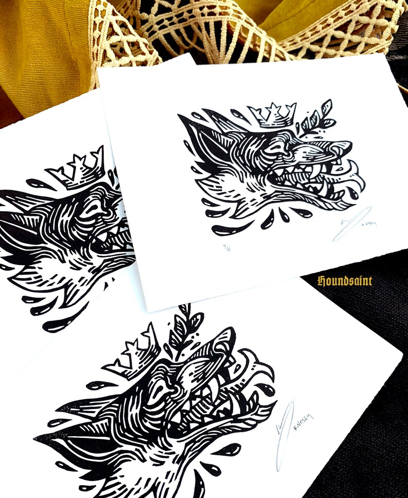 Linocut Print: Crowned Wolf - Etsy