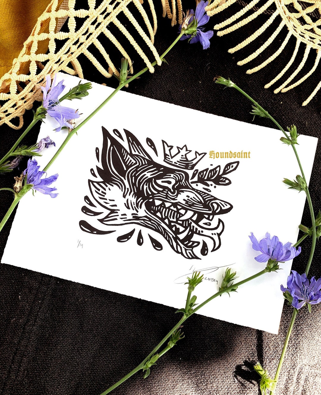 Linocut Print: Crowned Wolf - Etsy