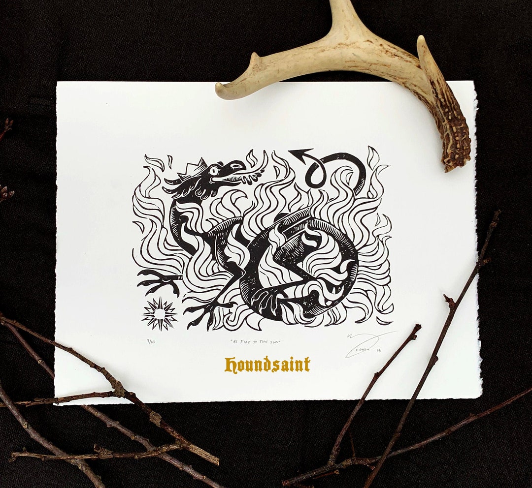 Linocut Print: Fire to the Sun | Salamander - Etsy