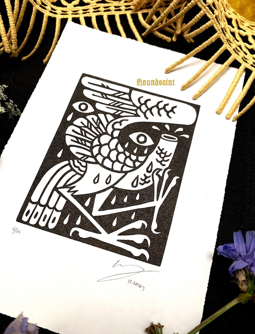 Linocut Print: Bleeding Bird Heron - Etsy