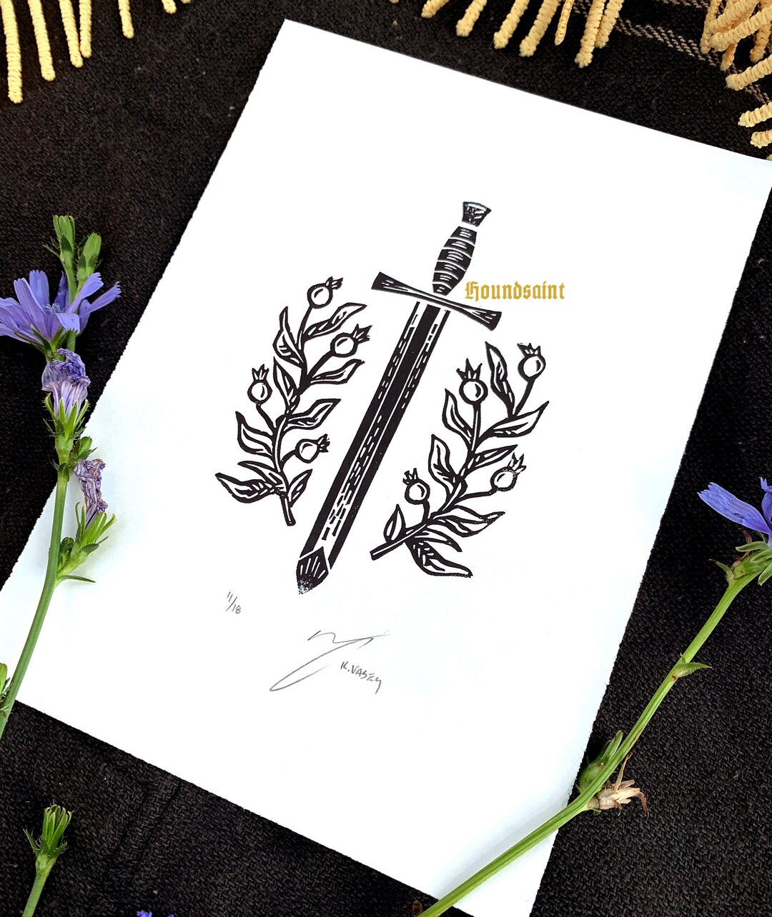 Linocut Print: Sword & Branches - Etsy