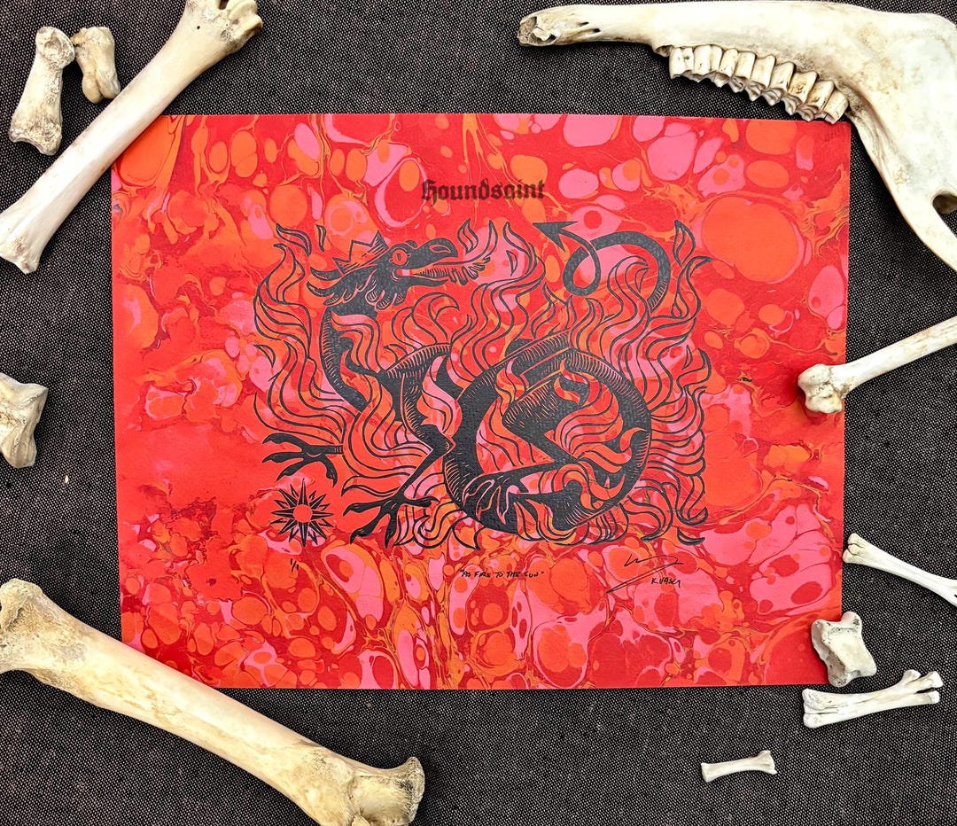 OOAK Linocut Print: Salamander on Flame Marble - Etsy