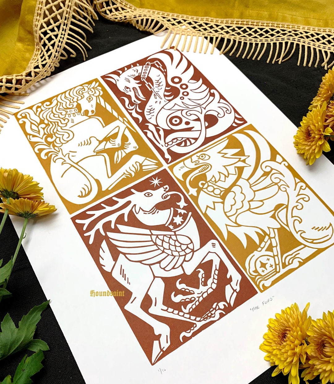 Linocut Print: Time Flies | Medieval Beasts - Etsy