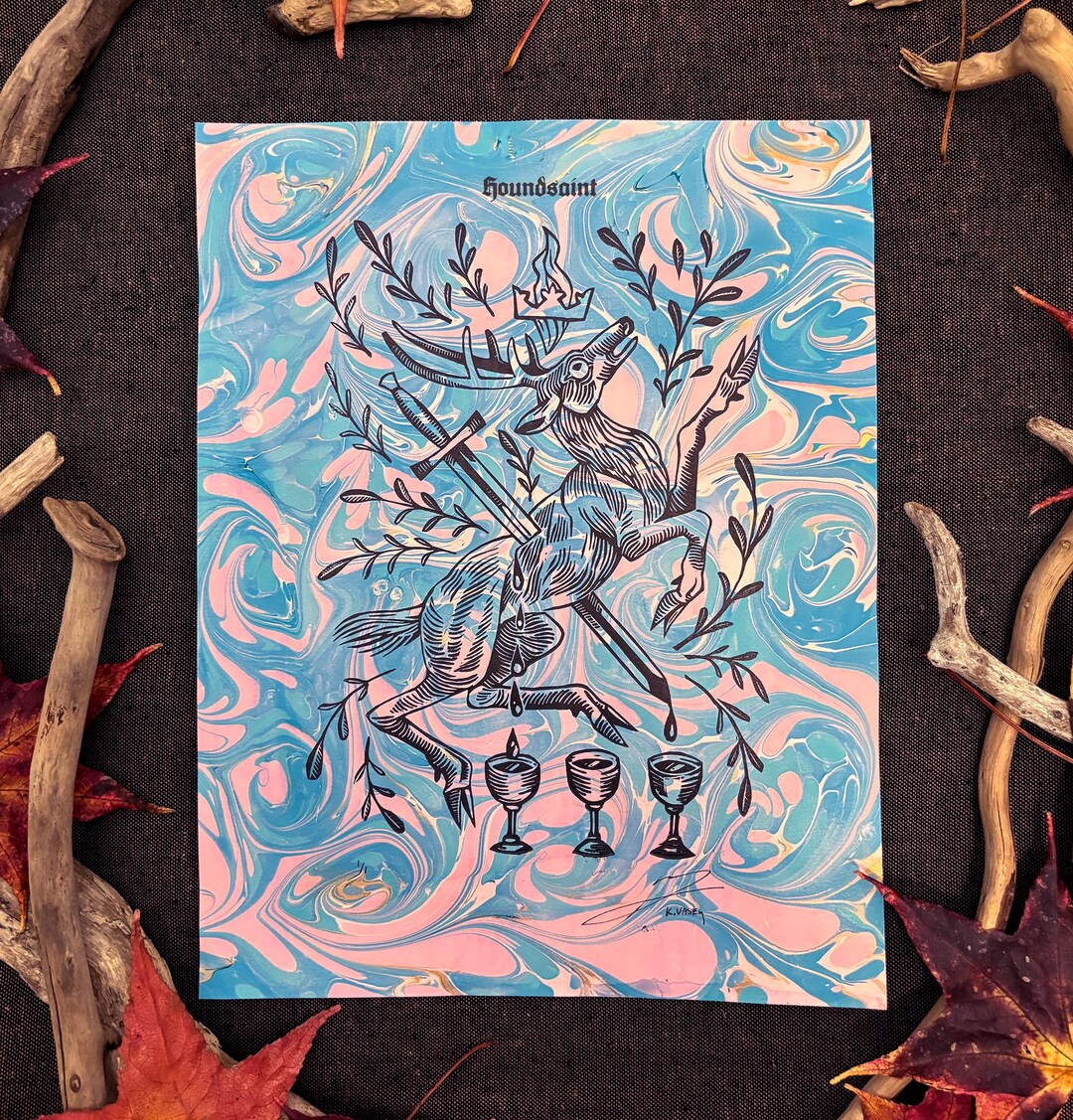 OOAK Linocut Print: Stag on Pink & Teal Hand-marble - Etsy