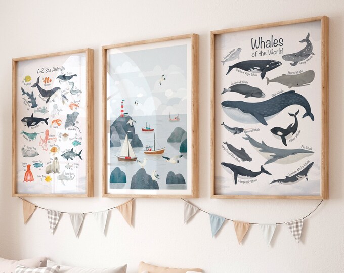 SEA ANIMALS Wall Art, Set of 3 Prints, Alphabet Poster, Ocean Animals ...