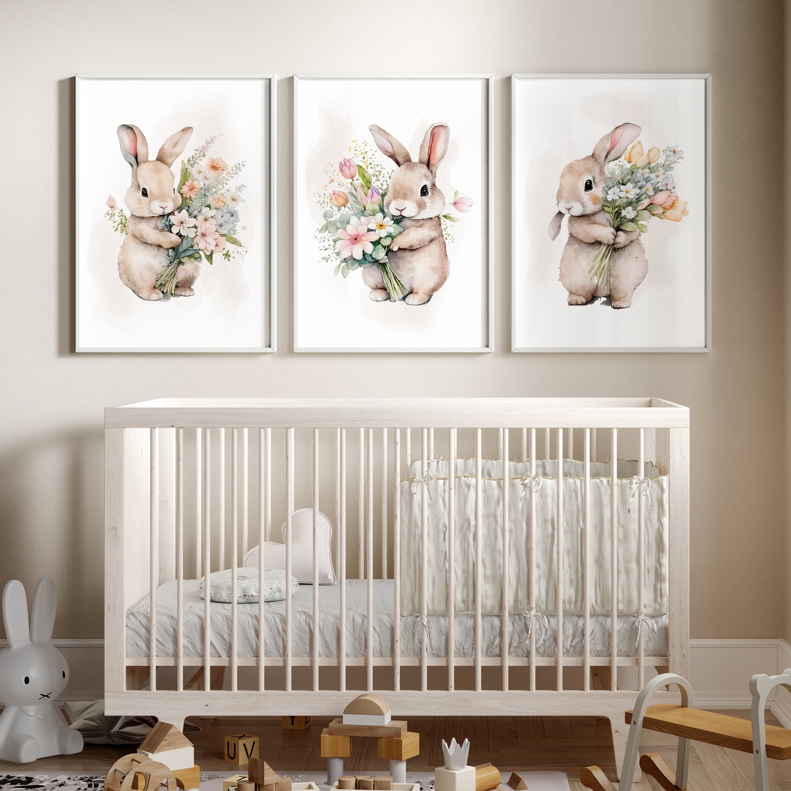 BUNNY RABBIT NURSERY Wall Prints Set of 3, Boho Nursery Prints, Floral ...